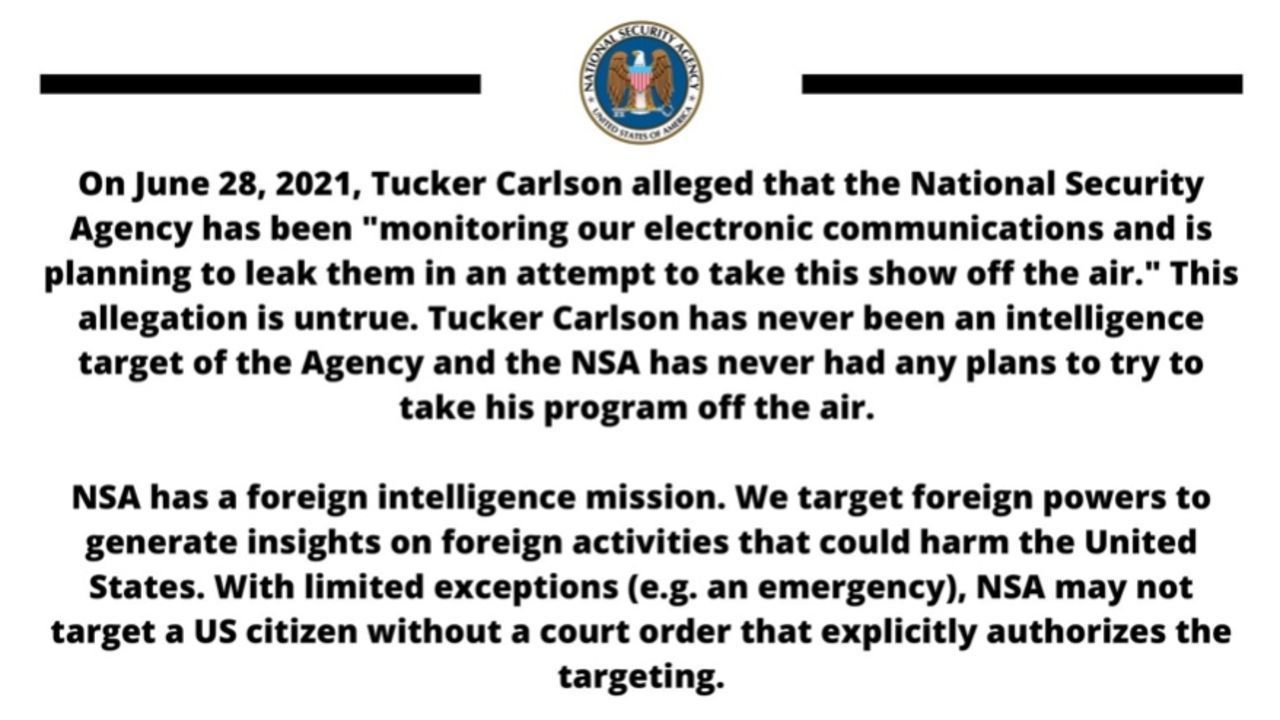 NSA responds to Tucker Carlson spying allegation NSA responds to Tucker Carlson spying allegation